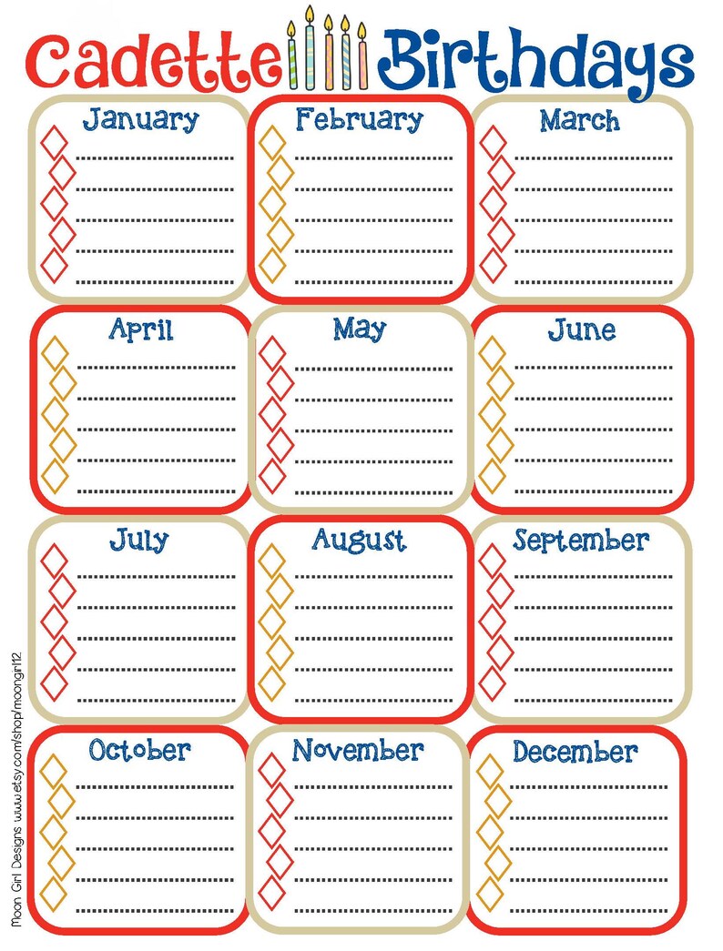 Cadette Girl Scout Birthday Calendar Troop Editable Printable PDF ...