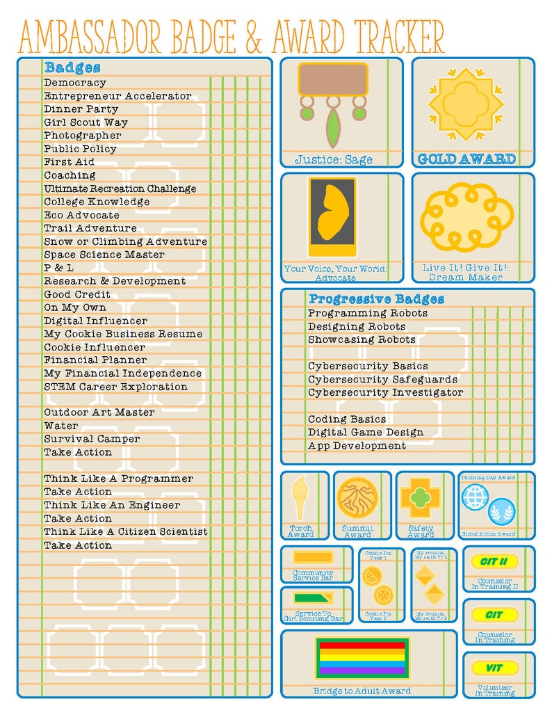 Old Version Ambassador Girl Scout Badge Award Tracker Checklist Chart ...