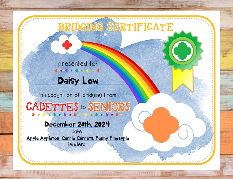 Cadette Senior Girl Scout Bridging Troop Certificate Template Fillable ...