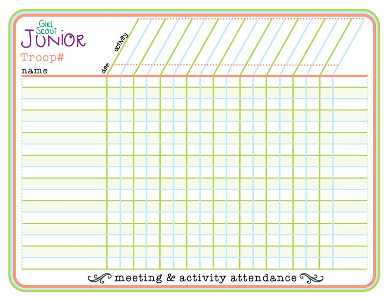 Junior Girl Scout Meeting Activity Attendance name Editable Roster ...