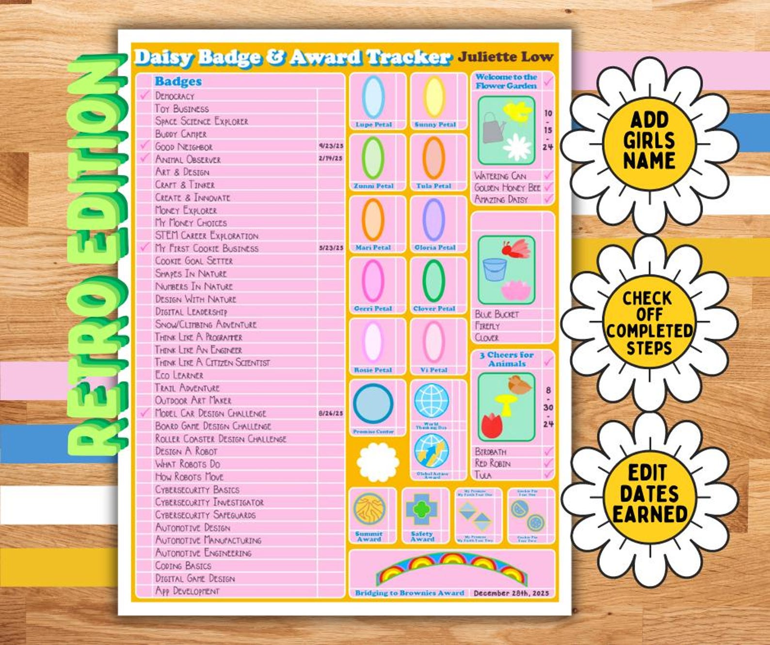 Daisy Badge Award Tracker Retro Checklist Chart Fillable Edit Printable ...