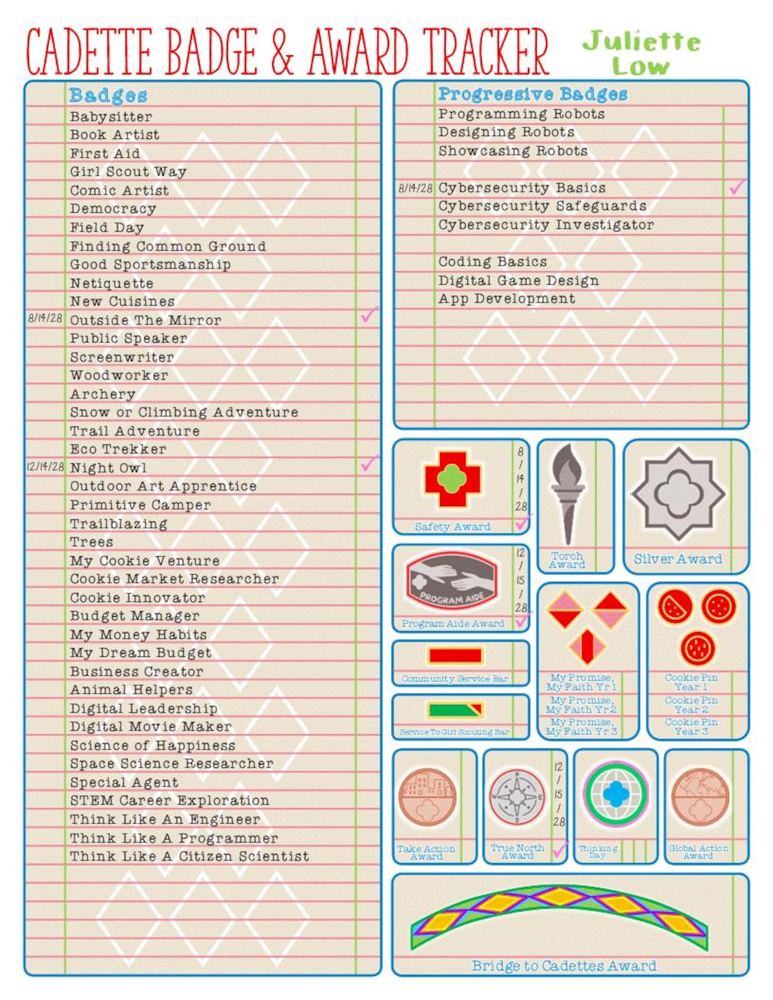 Girl Scout Cadette *2025-2026 UPDATE* New Version Badge Award Tracker ...