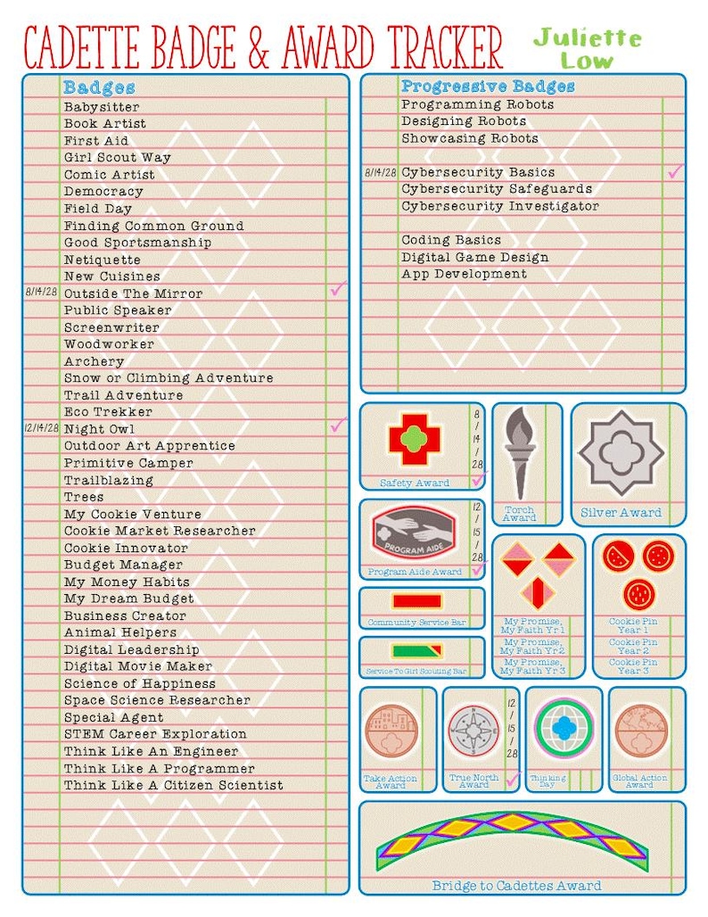 Girl Scout Cadette *2025-2026 UPDATE* New Version Badge Award Tracker ...