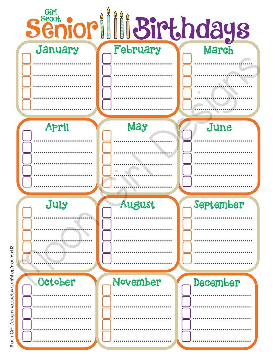 Senior Birthday Calendar Girl Scouts Editable Printable PDF - Etsy