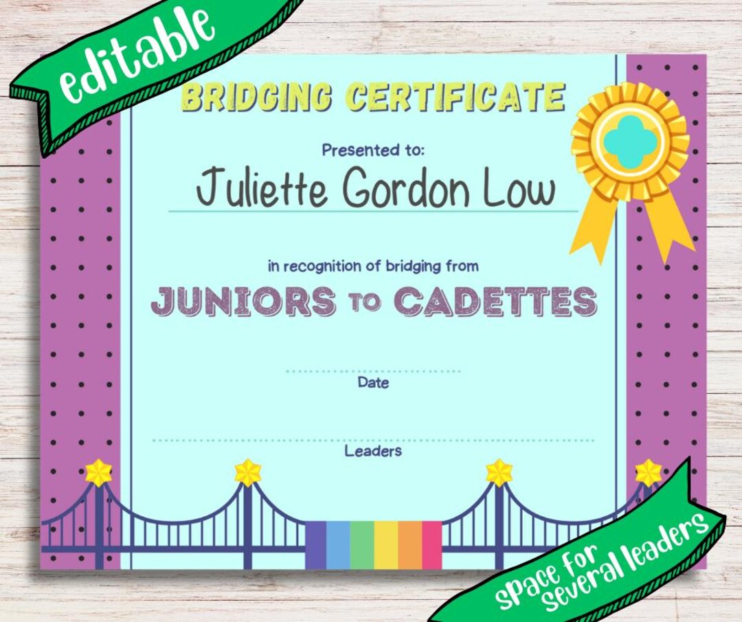 Modern Junior Cadette Girl Scout Bridging Troop Certificate *fits Multi ...