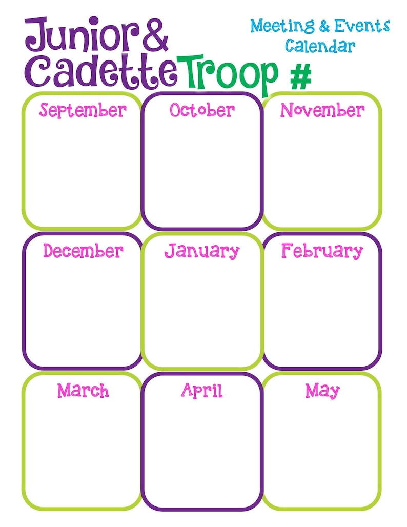 Junior Cadette Girl Scout Yearly Calendar Troop Edit Fillable Customize ...
