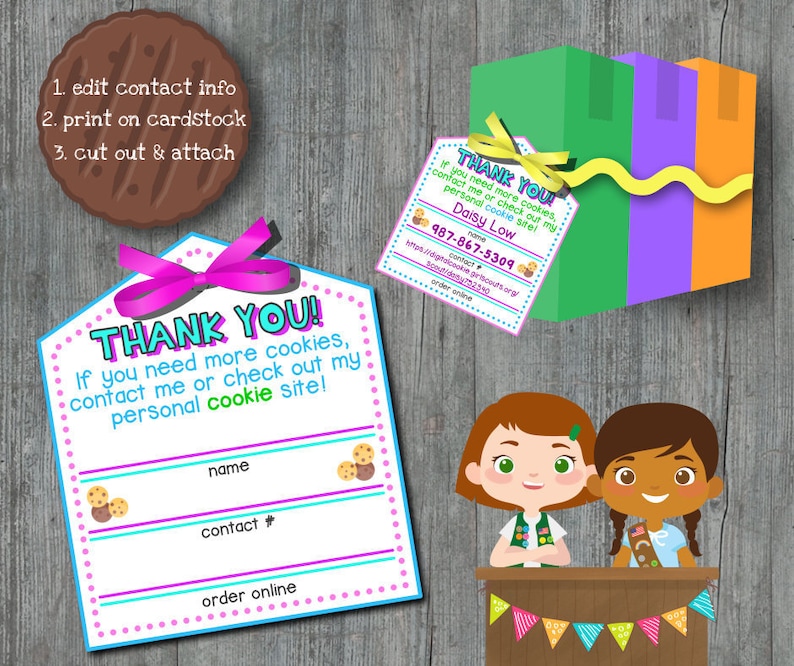 Girl Scout Cookie Thank You Card Contact Editable Printable Cut Out ...