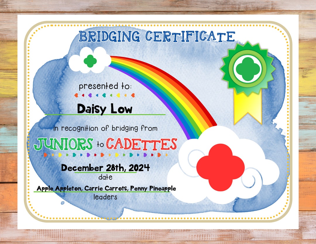 Junior Cadette Girl Scout Bridging Troop Certificate Template Fillable ...