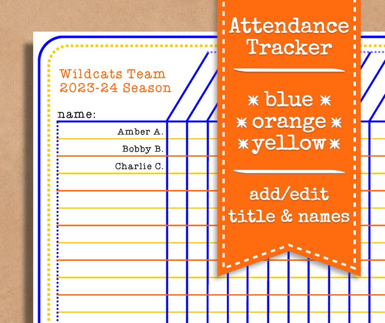 Blank *blue Orange Yellow* Meeting Activity Attendance Roster Tracker ...