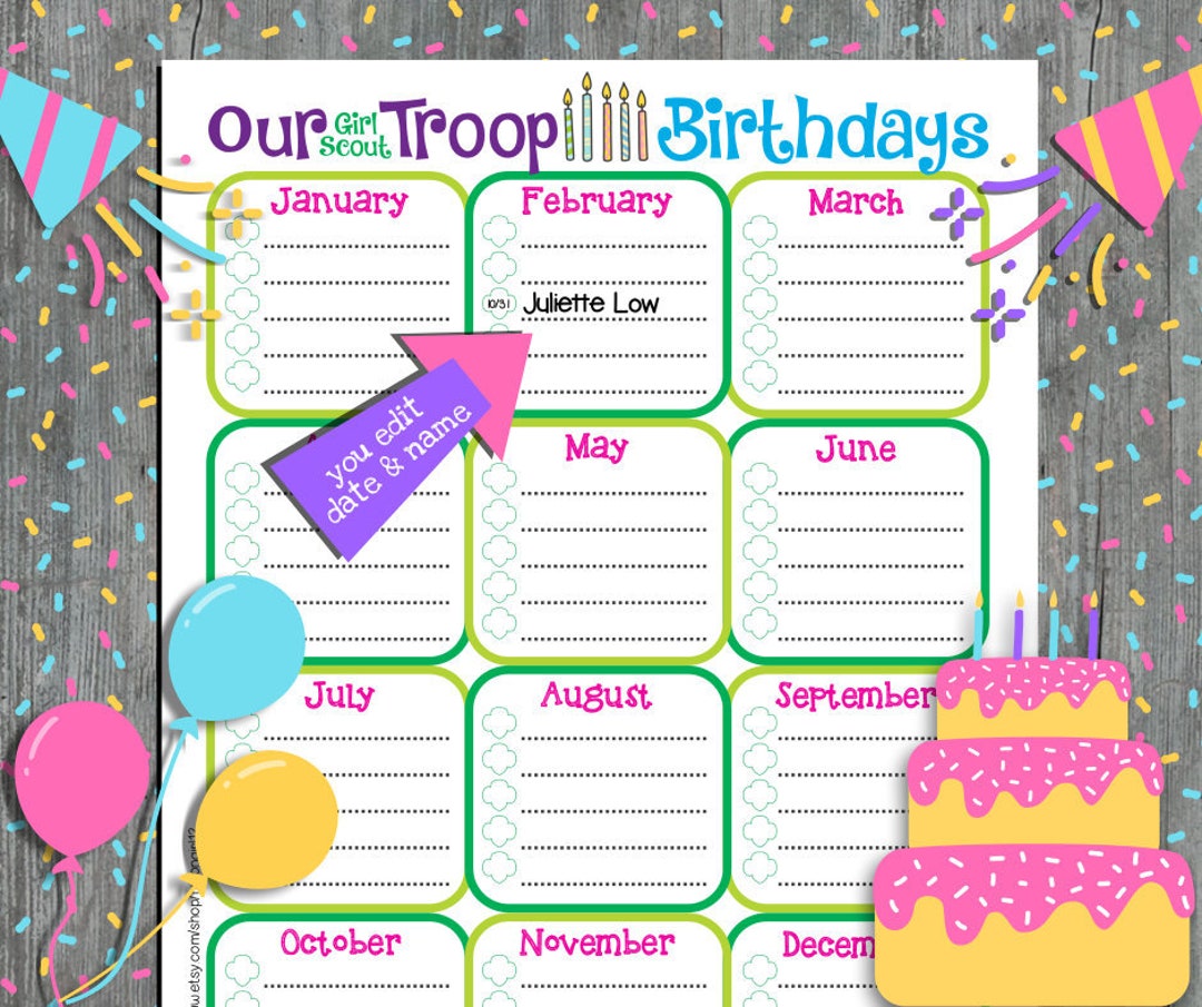 Troop Birthday Calendar Girl Scouts Fillable Customize Edit Printable ...