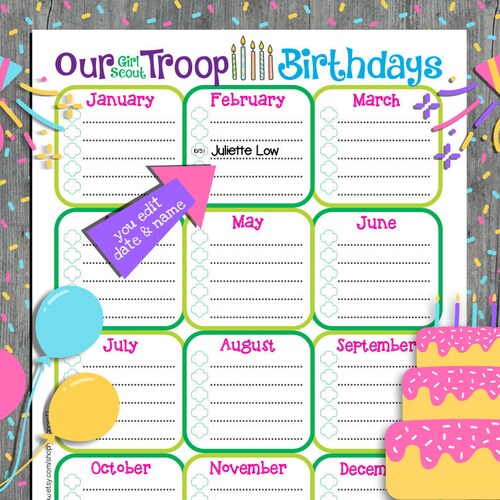 Daisy Girl Scout Birthday Calendar Troop Fillable Customize - Etsy