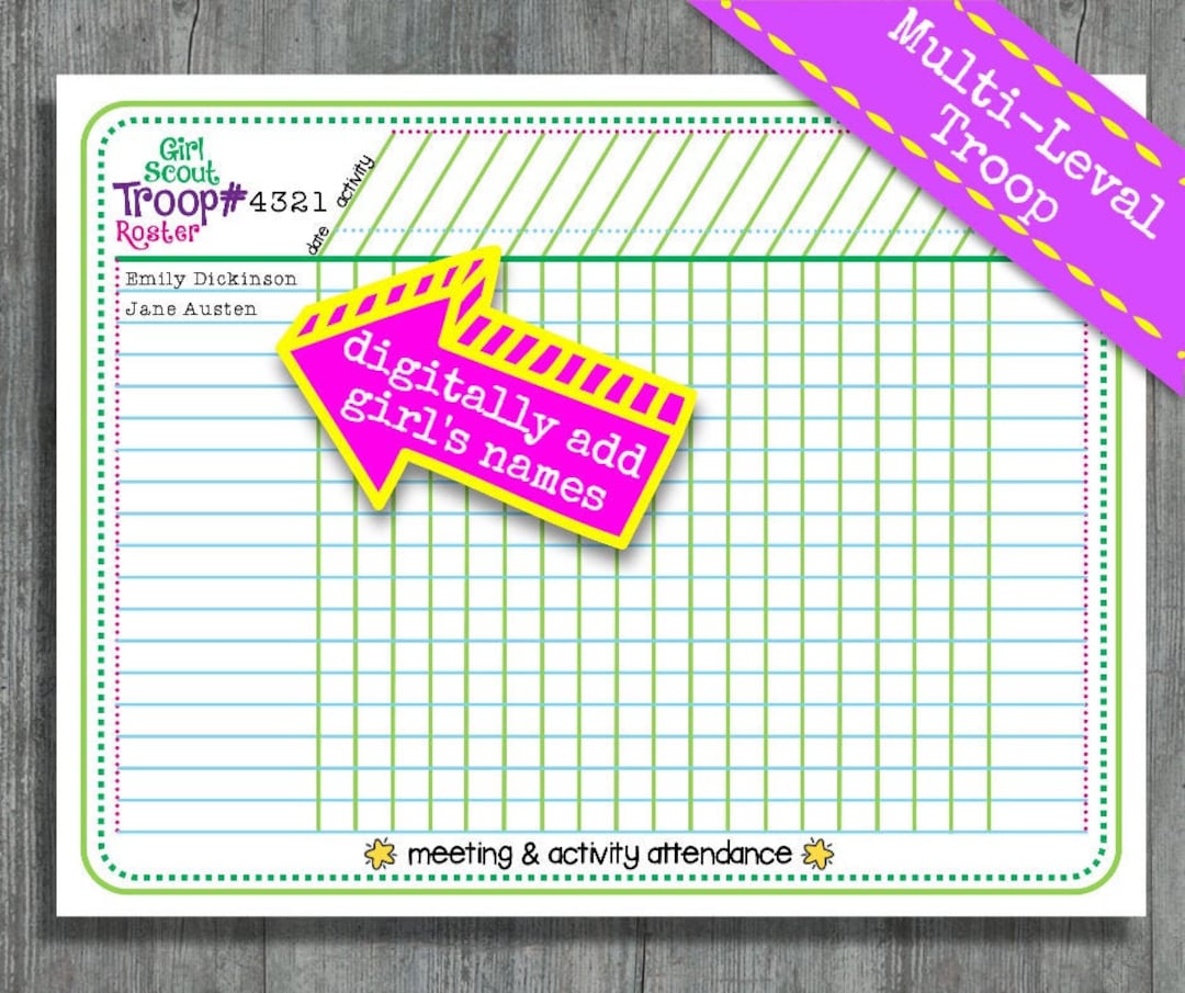 Troop Multi Level Girl Scout Meeting Activity Attendance Roster Tracker ...