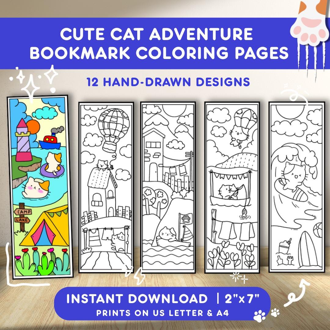 Hand-drawn Cute Cat Bookmark Coloring Pages | Printable 2x7 Bookmarks ...