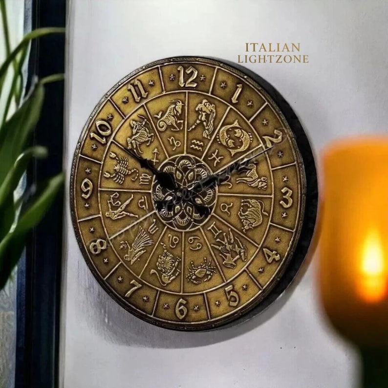 Vintage Zodiac Wall Clock – Handmade Brass & Wood Astrology Clock ...