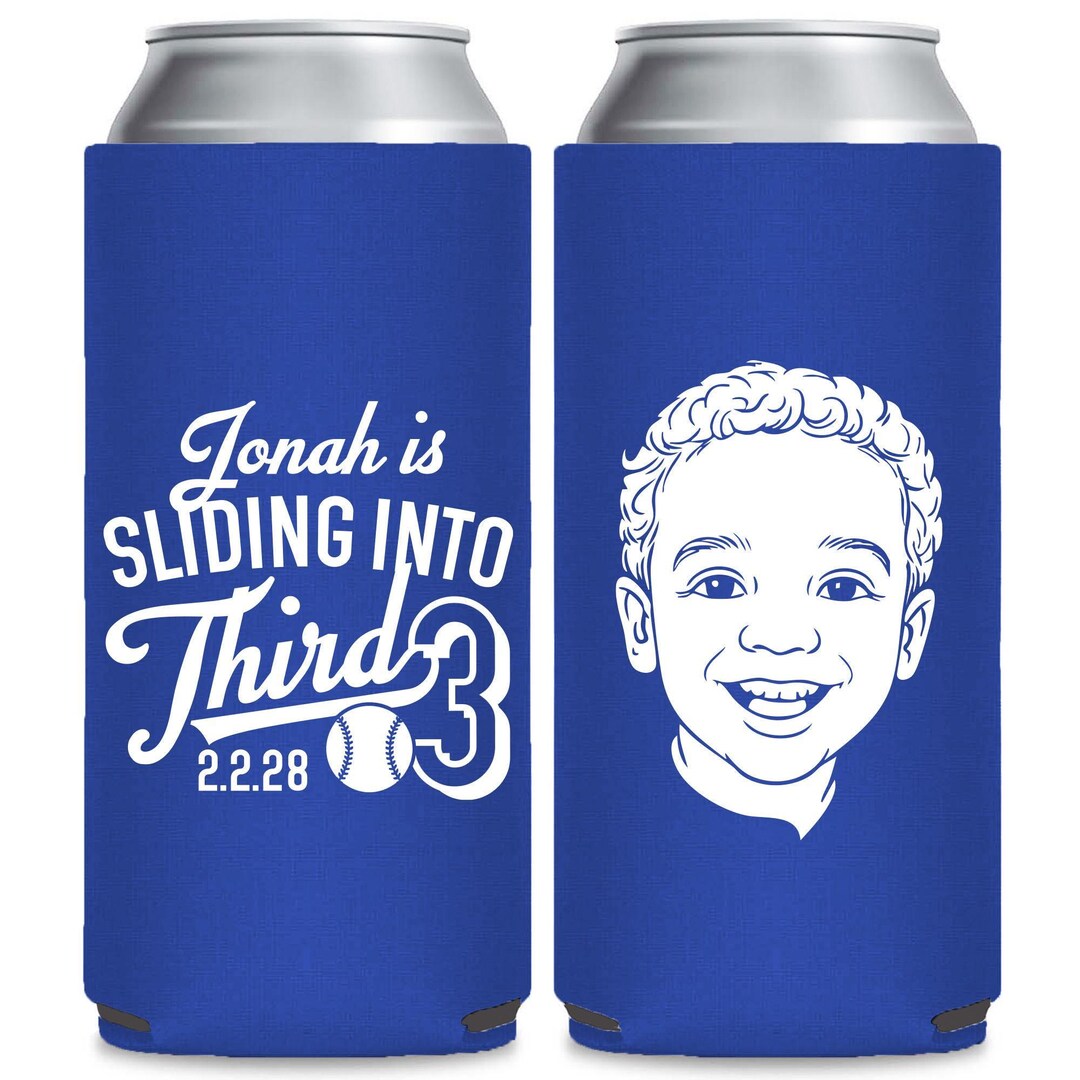 Custom Sliding Into 3rd Birthday Slim Can Cooler, Personalized Baseball ...