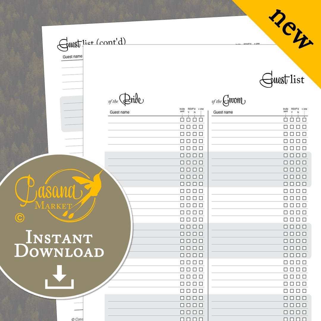 Wedding Bride & Groom Guest List - Printable Digital Download, Letter ...