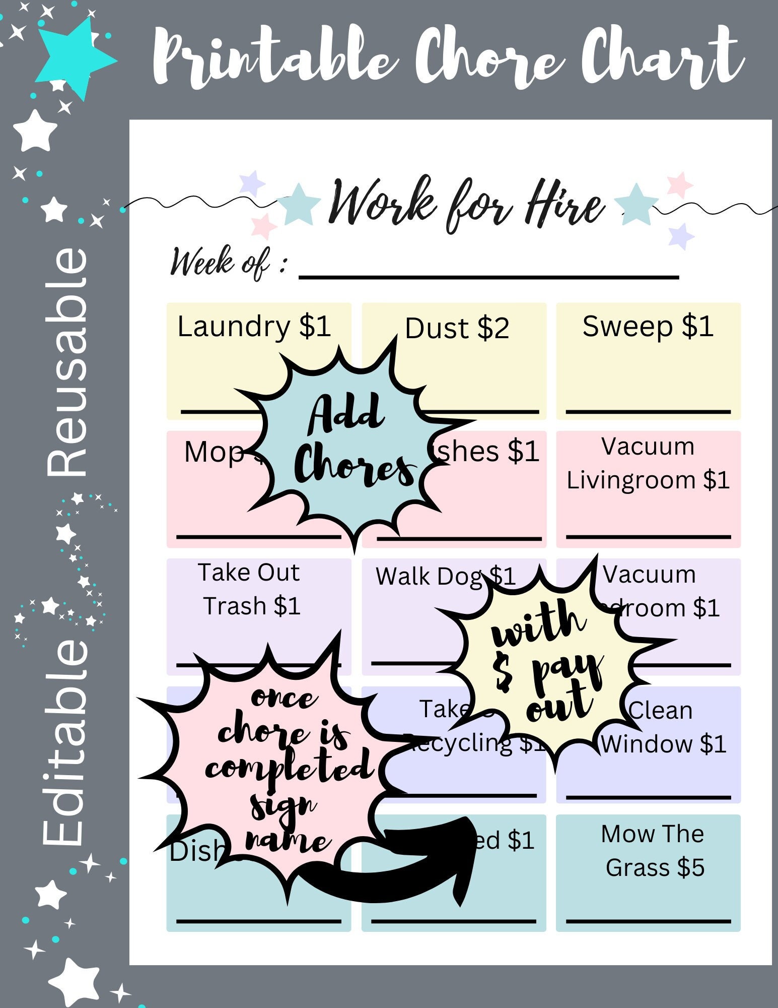 Printable Chore Chart, Work for Hire, Kids Chart - Etsy