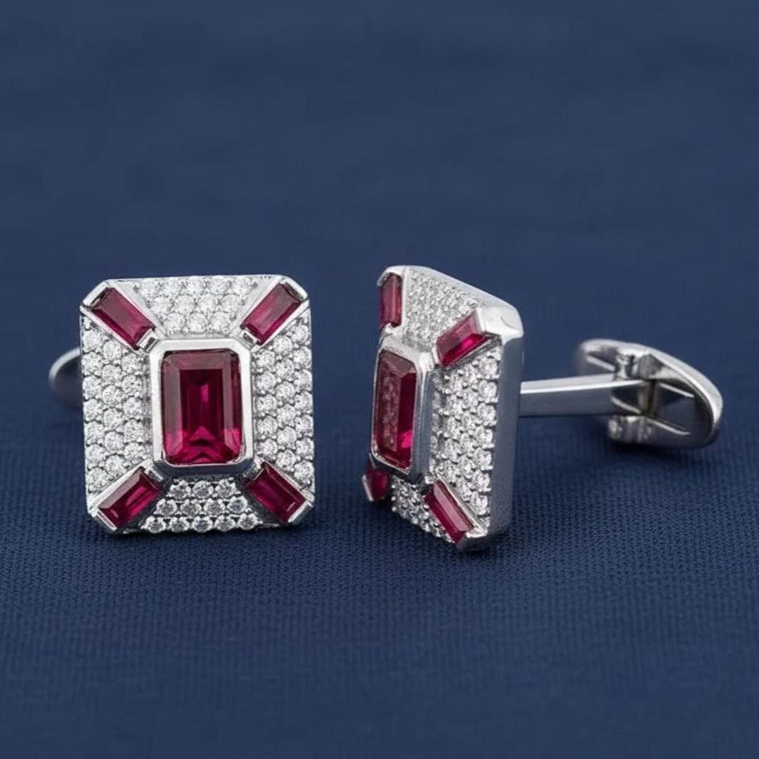 Men's Timeless Emerald Cut Pink Ruby Cufflinks, 14k Gold Plated Silver ...