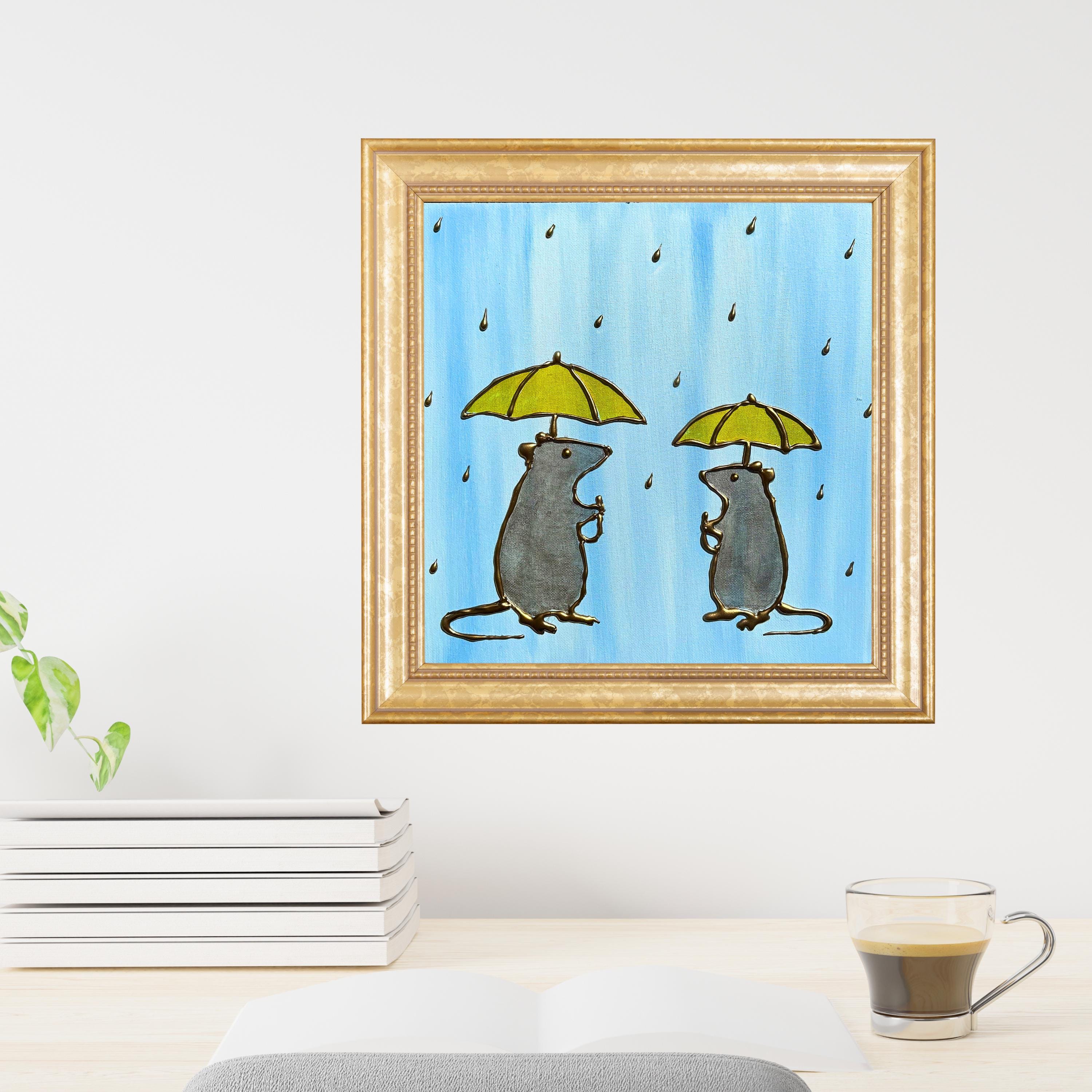 Rats in the Rain Painting – Mixed Media Rat Art on Canvas – Golden ...