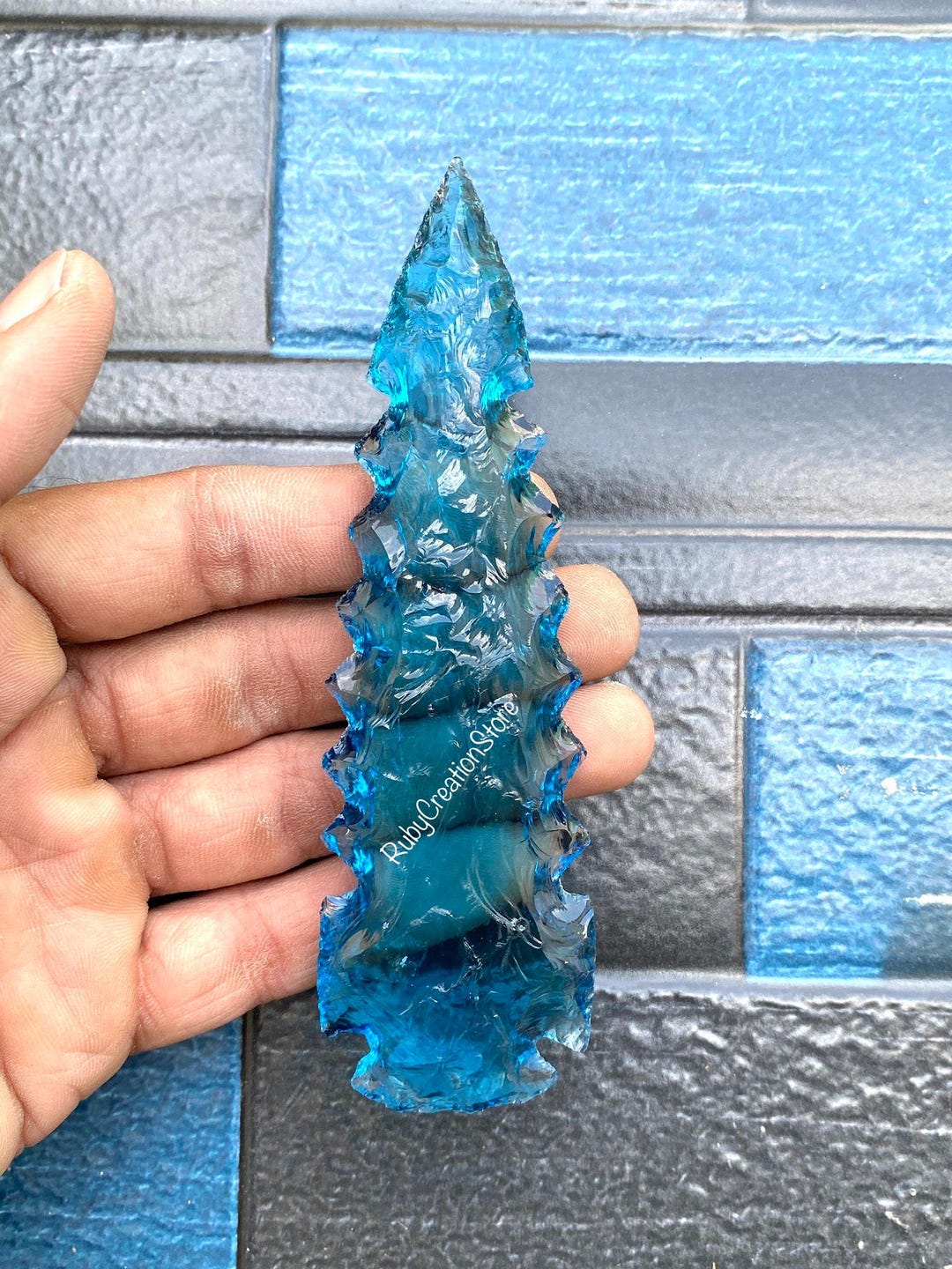 Hand Carved Blue Crystal Glass Arrowhead – Ocean Healing Decor (3–6.5 ...