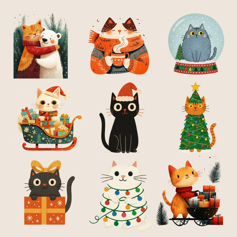 Christmas Cat Clipart – 15 PNG – Cute Holiday Cats – Transparent - Etsy