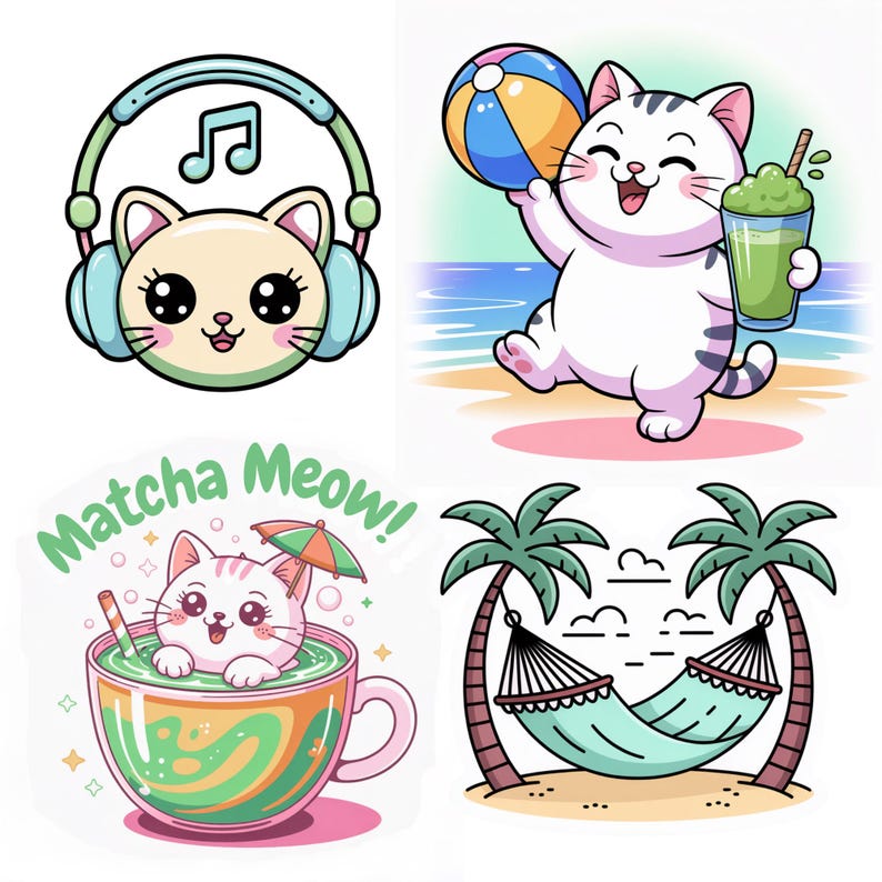 Matcha Cat Clipart: Kawaii Summer Stickers, Pastel Green PNG (digital ...