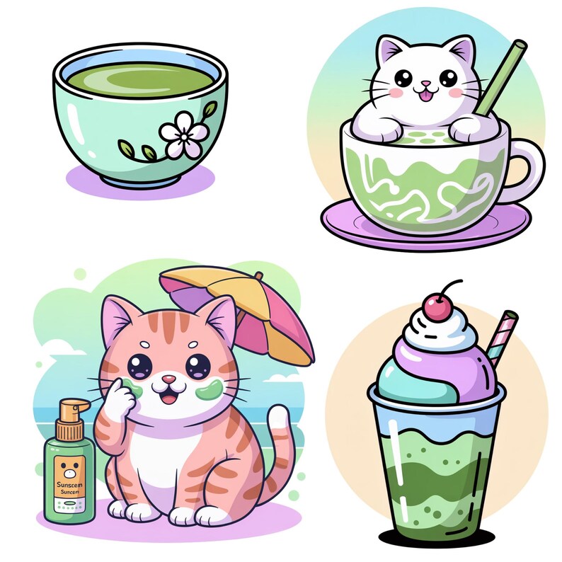 Matcha Cat Clipart: Kawaii Summer Stickers, Pastel Green PNG (digital ...