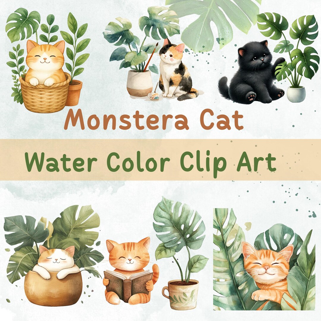 Watercolor Cat Clipart | Monstera Plants, Jungle Animals (digital ...