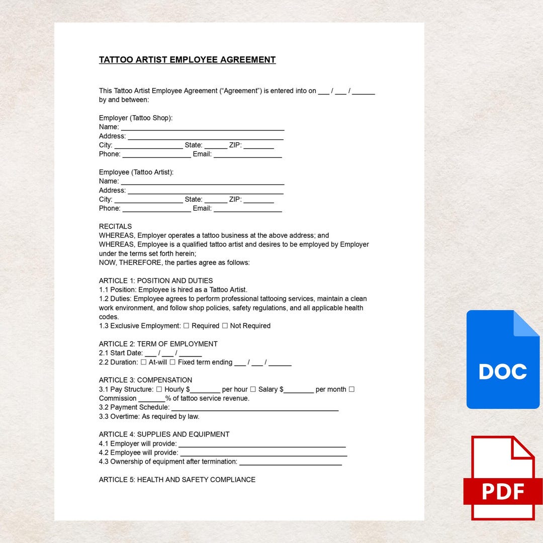 Tattoo Artist Employee Agreement Template: Studio Contract (digital DOC ...