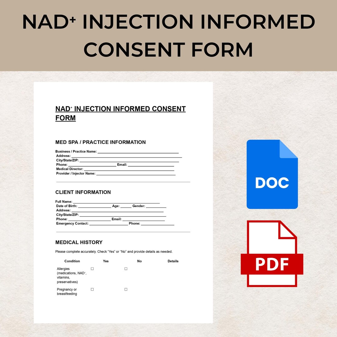 NAD⁺ Injection Consent Form Template, Editable Medical Clinic Printable ...