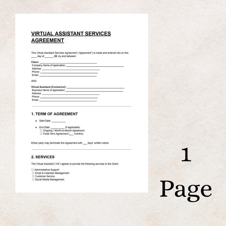 Virtual Assistant Services Agreement Template: Editable Client Contract ...
