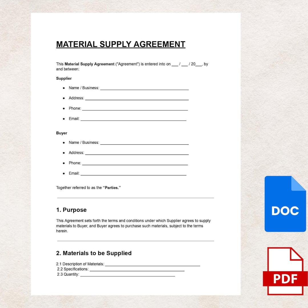 Editable Material Supply Agreement Template: Vendor Contract (digital ...