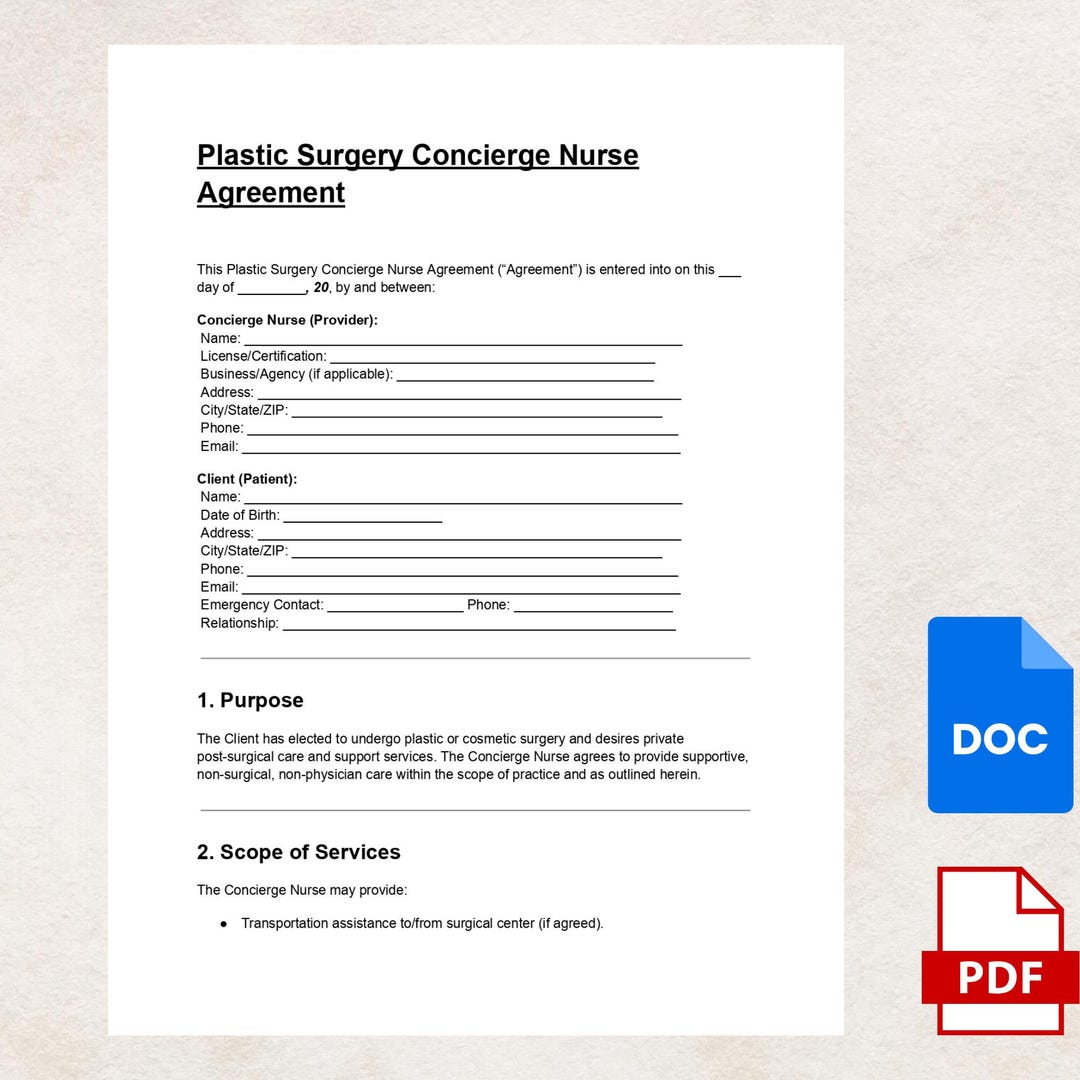 Editable Concierge Nurse Agreement: Post-op Recovery Contract (digital ...