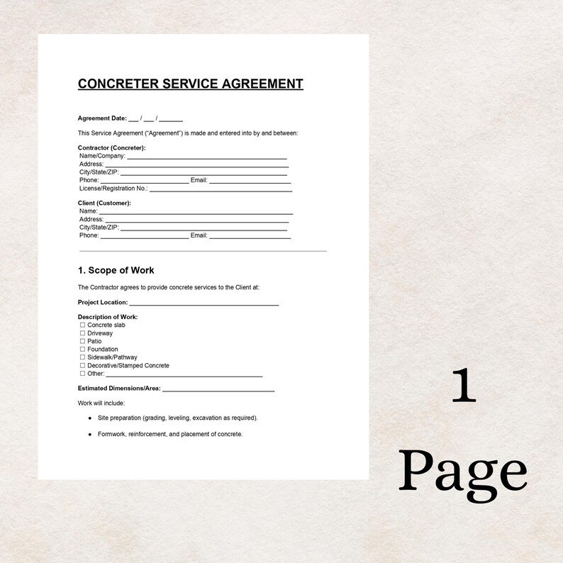 Concreter Service Agreement | Editable Concrete Work and Construction ...