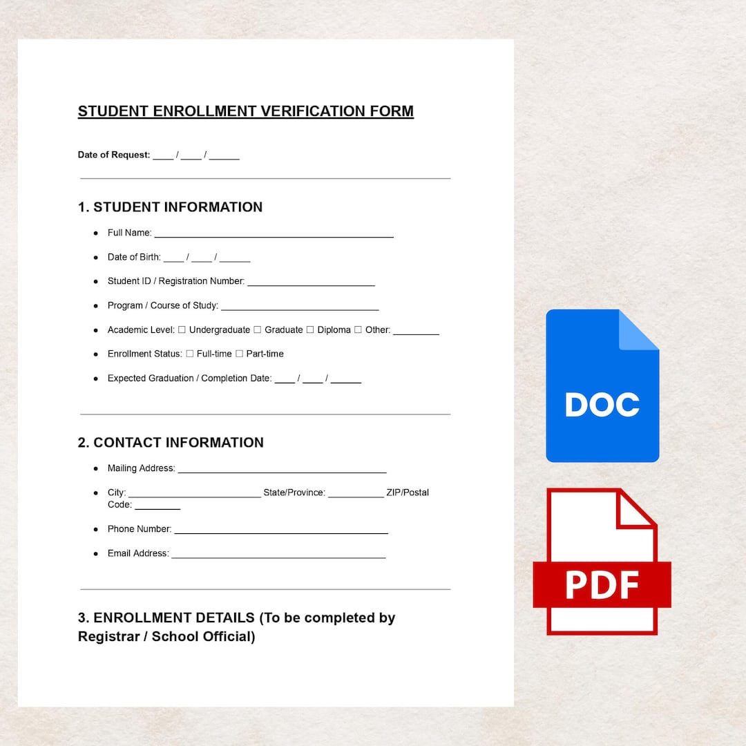 Student Enrollment Verification Form DOC & PDF, School Template ...