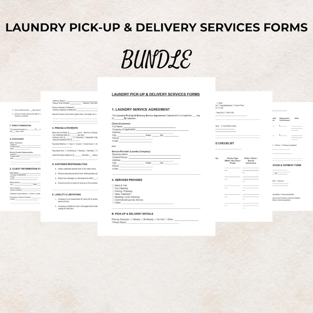 Laundry Pick-up & Delivery Services Forms Bundle DOC PDF | Editable ...