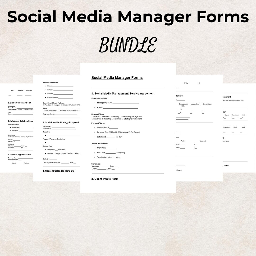 Social Media Manager Forms Bundle: Client Contract Templates (digital ...