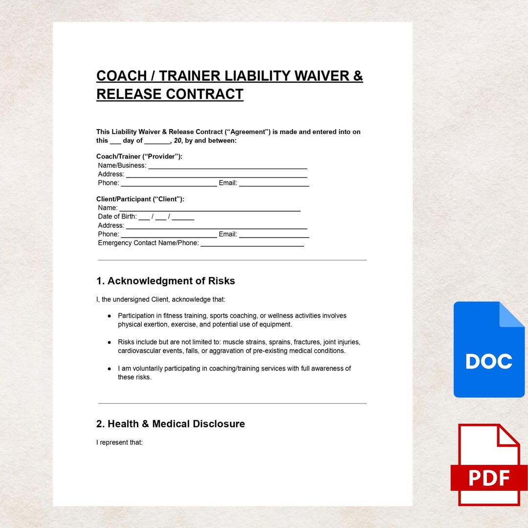 Editable Coach/trainer Liability Waiver | Fitness, Sports Agreement ...