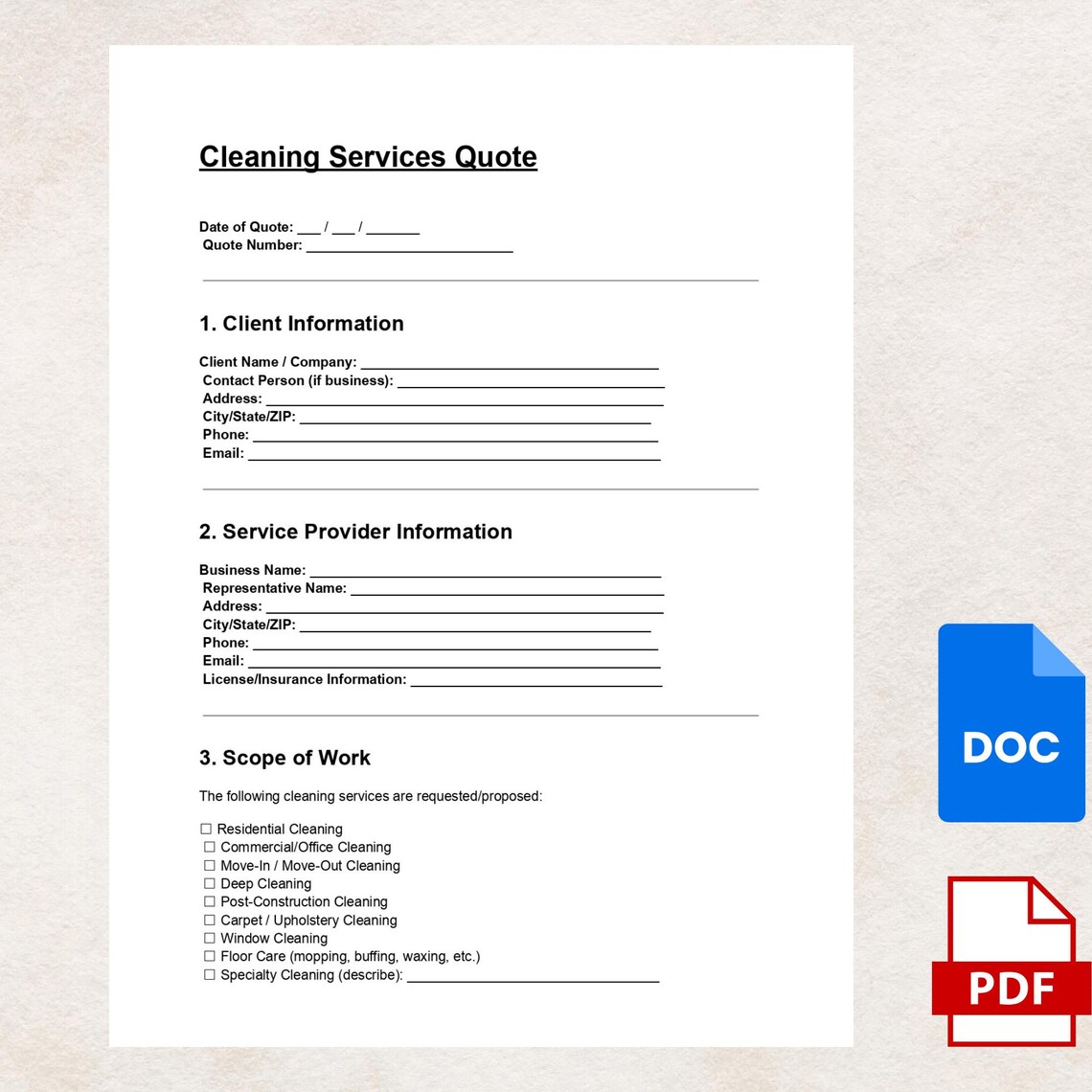 Cleaning Services Quote Template: Editable Estimate Form (digital ...