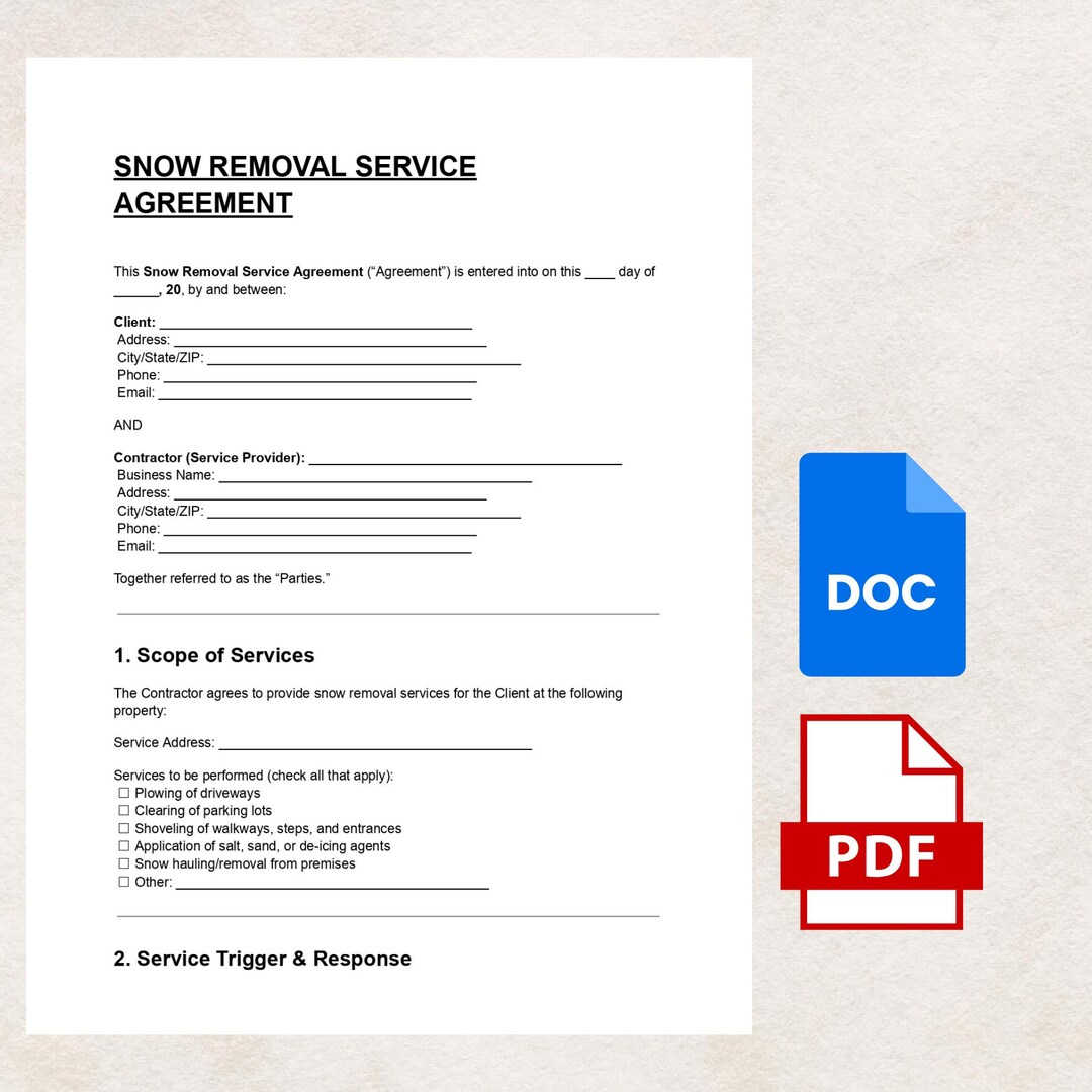 Snow Removal Service Agreement – Editable Contract Template PDF DOC - Etsy