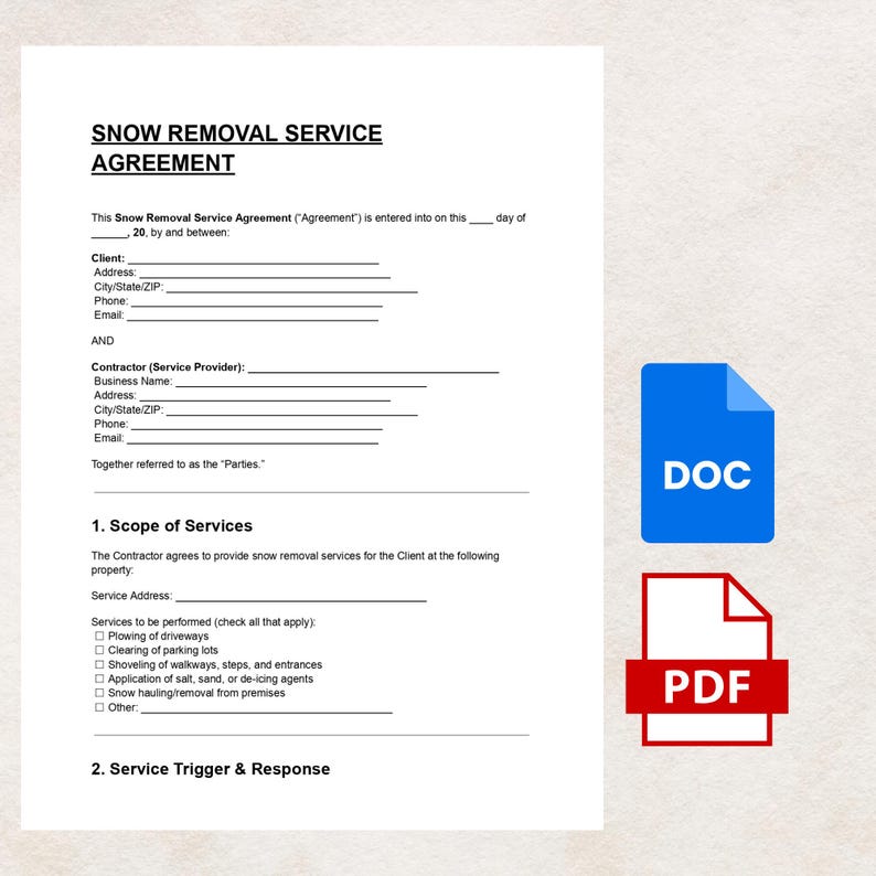 Snow Removal Service Agreement – Editable Contract Template PDF DOC - Etsy