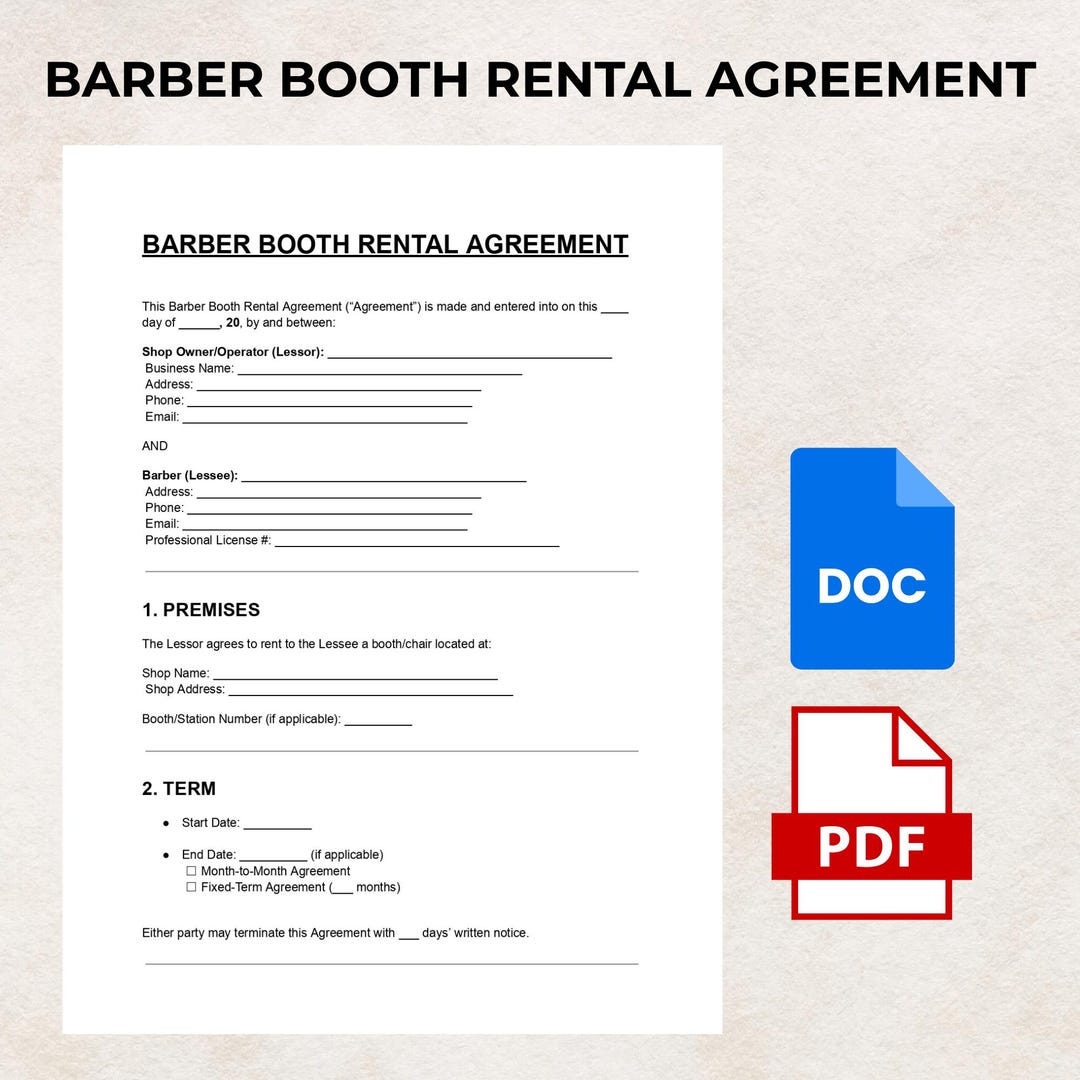 Barber Booth Rental Agreement Template: Editable DOC & PDF (digital ...