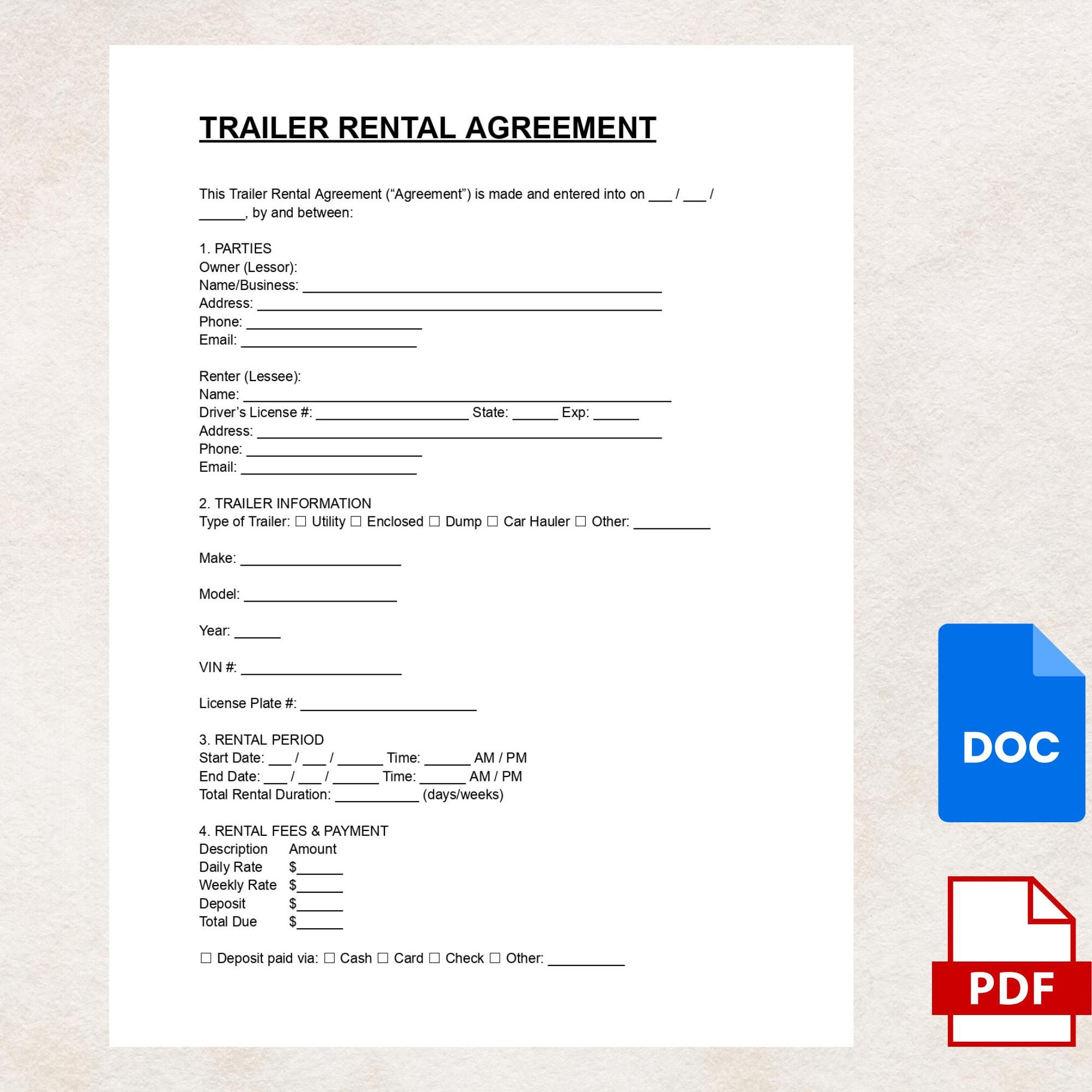 Trailer Rental Agreement Template: Legal Contract (PDF & Word Format - Etsy