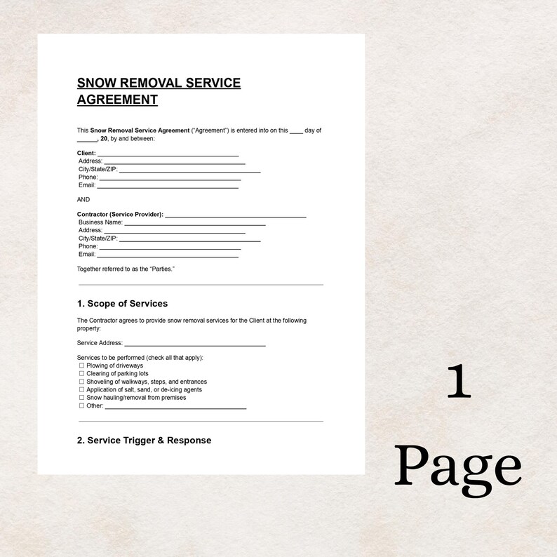 Snow Removal Service Agreement – Editable Contract Template PDF DOC - Etsy