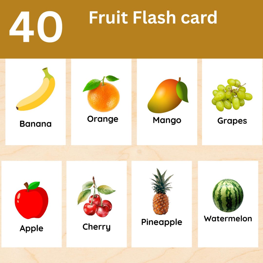 40 Fruits Cards, Fruits Flashcards, Printable Fruits Cards for Kids ...