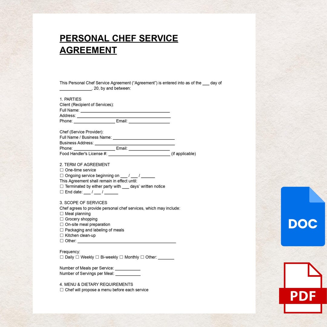 Personal Chef Service Agreement Template: Editable Contract (PDF & Word ...