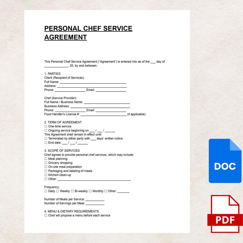 Personal Chef Service Agreement Template: Editable Contract (PDF & Word ...