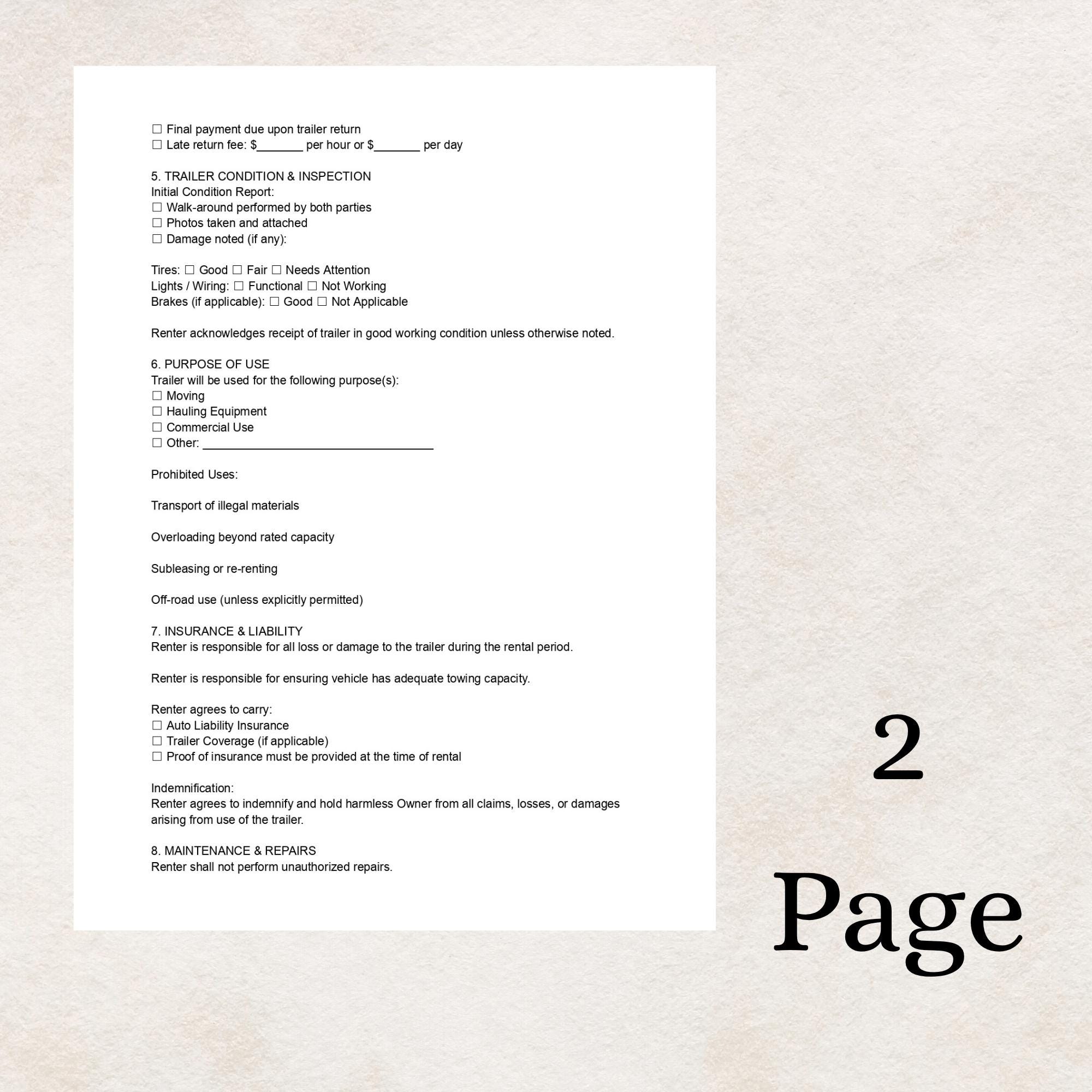 Trailer Rental Agreement Template: Legal Contract (PDF & Word Format - Etsy