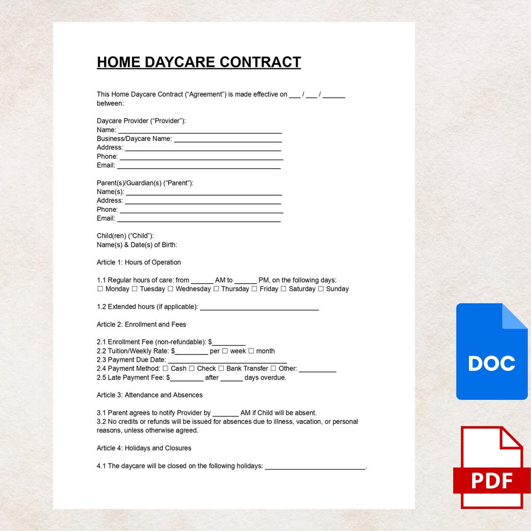 Home Daycare Contract Template: Child Care Service Agreement (DOC & PDF ...