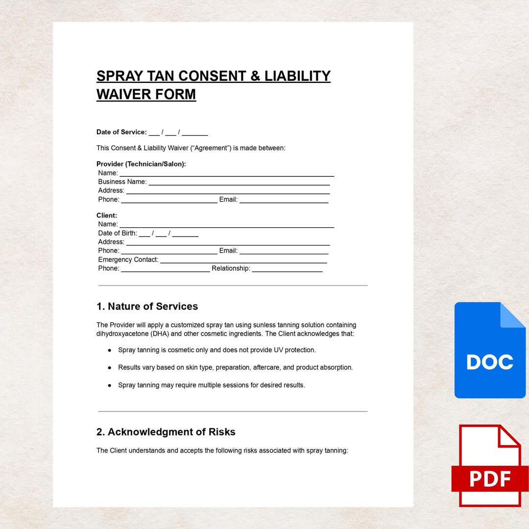 Spray Tan Consent Form: Editable Client Waiver, Salon Template (digital ...